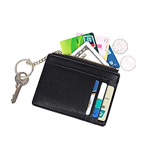 Prometheism Women Slim Leather Card Case Holder Small Wallet Cute Coin Purse Girl Mini Wallet with Keychain (Black)