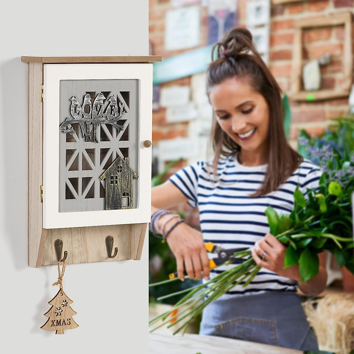 AHUONEL Wooden Key Holder for Wall Key Cabinet, Decorative Key Box Key Hooks Wall Mounted Key Hangers Key Storage Rack with 8 Hooks for Home Decor Office Entryway Hallway Bedroom Living Room