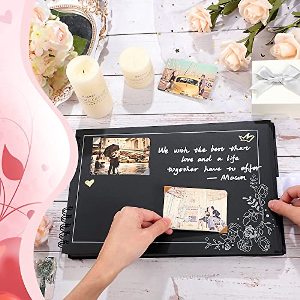 Wedding Guest Book 12 x 8 Inch Hard Cover Photo Album Sign in Registry Guestbook Scrapbook with Silver Foil Gilded Edges Ribbons 100 Pages Black Hardbound Book with 2 Pens 4 Photo Corners for Wedding