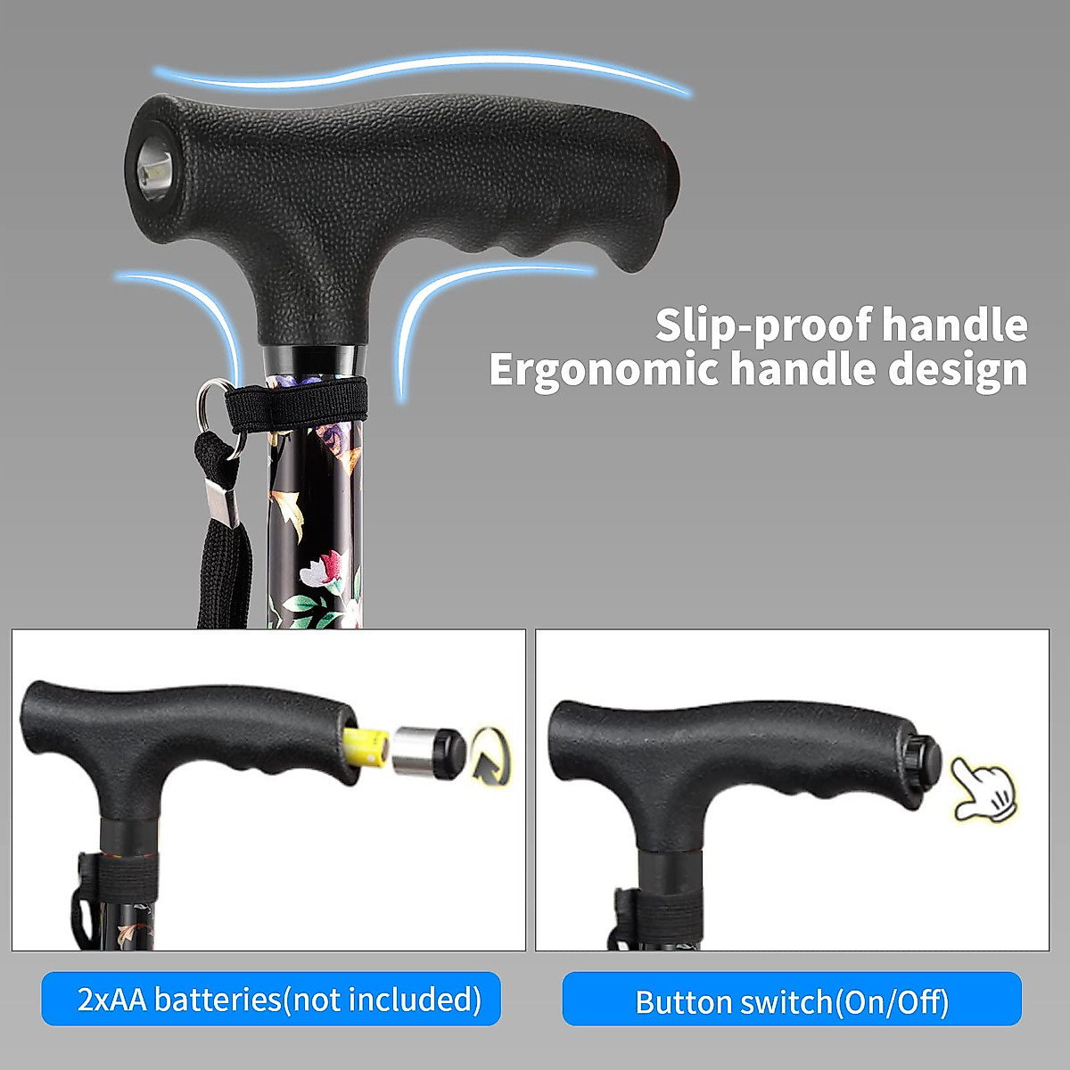 LIXIANG Walking Cane with LED Light, Adjustable Folding Walking Cane for Women and Men, Lightweight Portable Collapsible Cane Quad Cane for Senior Balance