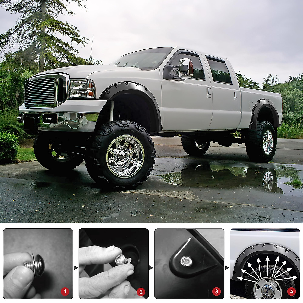 LEDKINGDOMUS Fender Flares Kit Compatible for 1999-2007 Ford F-250 / F-350 / F-450 Super Duty, UV Protected Dura-Flex Material Smooth Black Finish Front Rear Fenders Pocket Rivet Style 4pcs