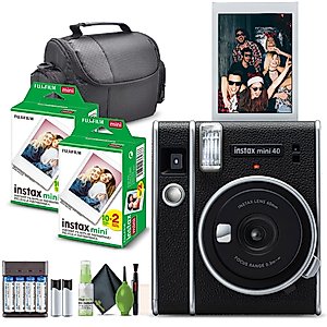 Fujifilm Instax Mini 40 Instant Camera Black Vintage Style Bundle with Fuji Instax Mini Film 40 Sheets + 4 Rechargeable Batteries and More Perfect Camera for Kids, Wedding, Birthday Or Any Occasion