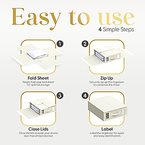 Luxury Lineup Bed Sheet Organizer 4 Pack, Foldable Linen Closet Organizers and Storage, Sheet Organizer Queen & King Size, Bedding Storage Box for Bedsheets, Duvet Covers and Pillow