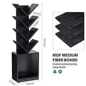 ruboka 5-Shelf Tree Bookshelf with Storage, 37.9-Inch Retro Floor Standing Bookcase Display for CDs/Magazine/Books, Small Bookshelf for Bedroom, Living Room, Office, Black Storage Shelves DESK56B
