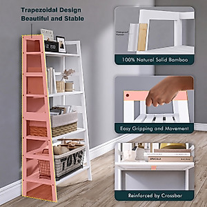 HITNET White Ladder Bookshelf, Leaning Bookcase, 4-Tier Bamboo Shelf, Floor Standing Storage Shelving Unit, Open Display Book Shelves