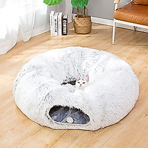 LUCKITTY Warm Fluffy Plush Cat Dog Tunnel Bed with Washable Cushion-Big Tube Playground Toys 3 FT Diameter Longer Crinkle Collapsible 3 Way, for Indoor Cat Kitty Kitten Puppy Rabbit Ferret White