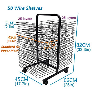 Mobile Wire Drying Rack Art Work and Paint Double Sided 25 Layers Drying Rack with 50 Shelves for Classrooms, Art Studio, 17.7 x 26 x 32.3 inches, Black