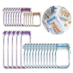 Enkrio 30Pcs Mason Jar Zipper Bags Reusable Snack Bags Portable Food Storage Snack Zipper Bags Food Saver Storage Bags Zipper Sealed Bags for Kitchen Travel Camping Picnic Organizer (5S 8M 12L 5T)