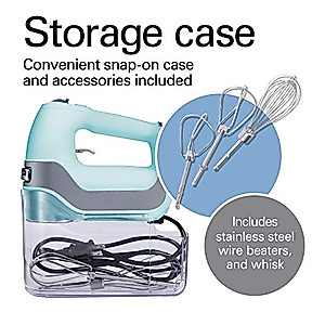 Hamilton Beach Professional 5-Speed Electric Hand Mixer with Snap-On Storage Case, QuickBurst, Stainless Steel Twisted Wire Beaters and Whisk, Mint (62658)