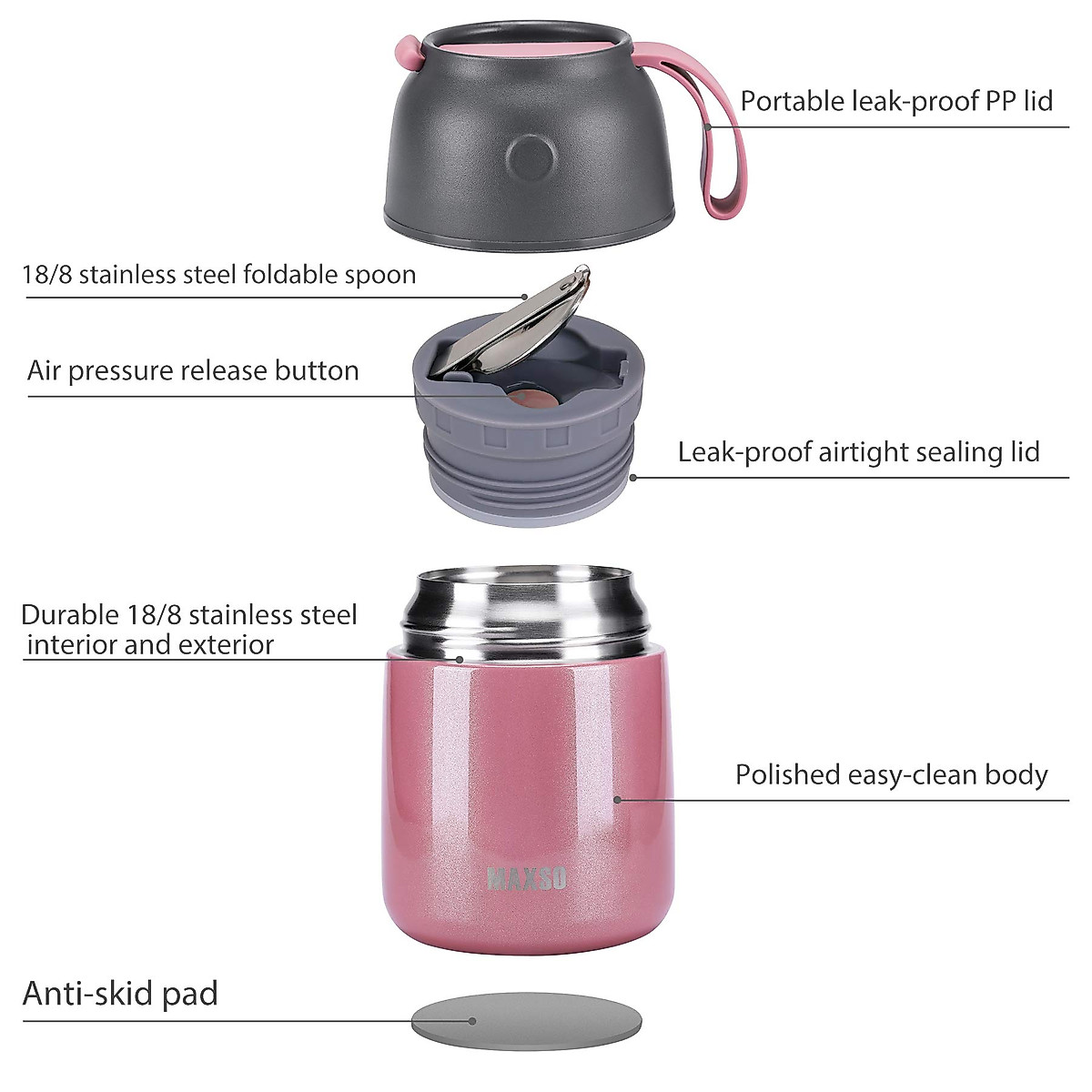 MAXSO 2 Pack Soup Thermo for Hot & Cold Food for Kids Adults, Vacuum Insulated Food Jar Thermal Lunch Containers, Travel Food Flask with Spoon (24 oz,17 oz) (Pink)