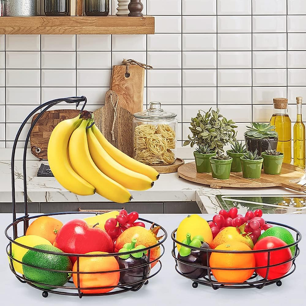Bextsrack 2 Tier Fruit Basket Bowl with Banana Hanger for Kitchen Countertop, Detachable Fruit Vegetable Storage Holder Display for Kitchen - Bronze