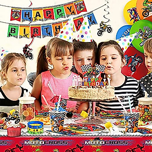 Dirt Bike Party Decorations, 113 PCS Motorcycle Theme Party Supplies Include Happy Birthday Banner, Hanging Swirls, Cake Toppers, Ballons, Plates and Napkins, Motocross Birthday Decorations for Boys