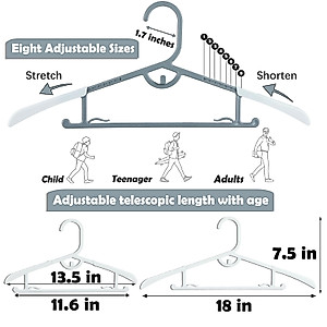 40 Kids Hangers with Clips Adjustable Hangers Grey Baby Hangers for Clothes Non Slip Childrens Hangers Toddler Hangers Kids Extendable Hanger with Hook Stackable Plastic Hangers with 20 Hanger Clips