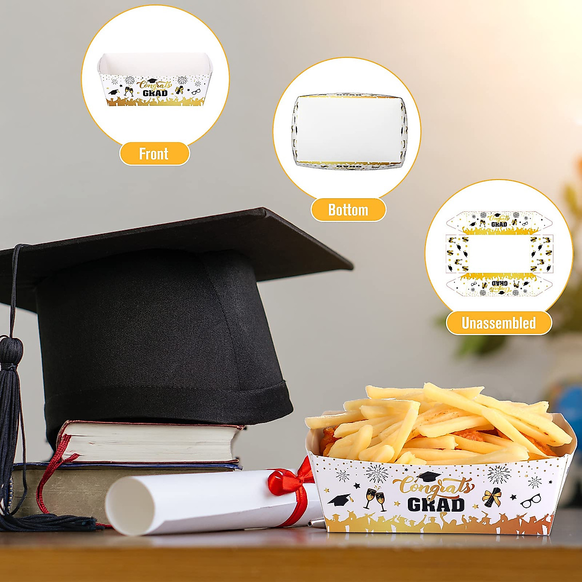 50 Pcs Graduation Snack Trays Disposable Food Holder Congrats Grad Paper Food Trays Wedding Popcorn Tray Birthday Party Supplies for Graduation Party Supplies Popcorn Decoration Platter (Black)