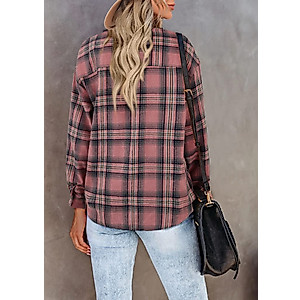 Womens Long Sleeve Flannel Shirts Plaid Flannels lapels Collared Button Down Shacket Casual Rolled Up Boyfriend Blouse Tops Pink