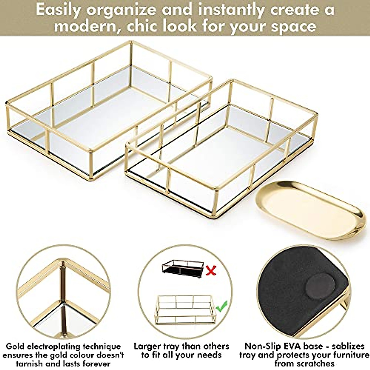 Mili Home Gold Vanity Tray Gold Perfume Tray for Dresser, Bathroom,Gold Decorative Tray Makeup Tray for Makeup, Mirror Dresser Tray Organizer for Jewelry