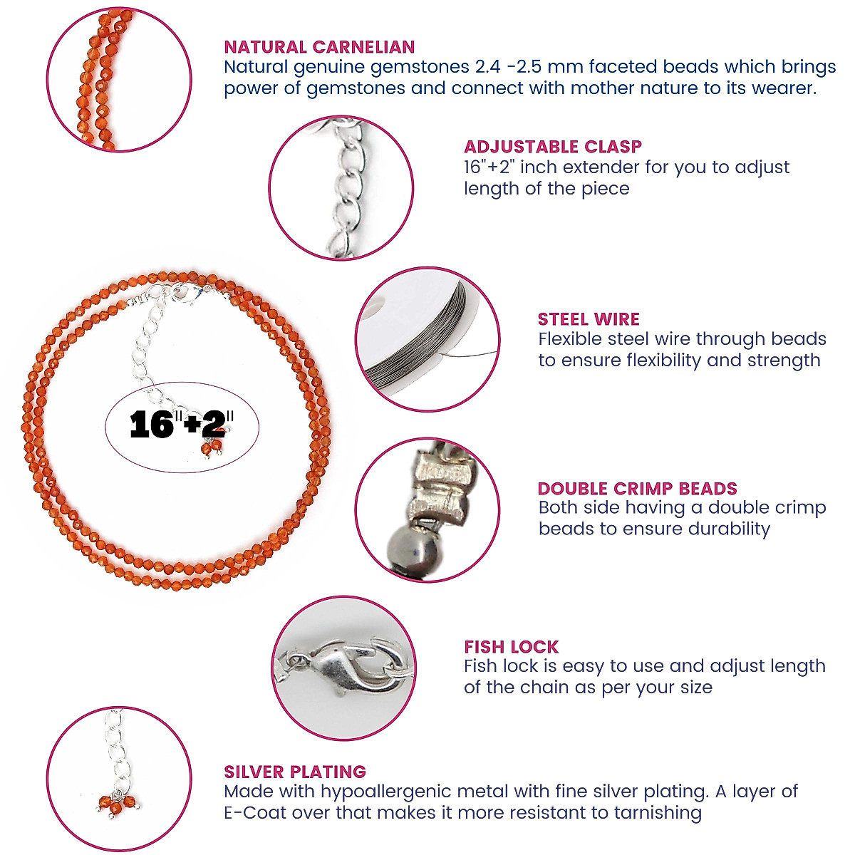 Gempires Carnelian Beads Necklace, Real Crystal July Birthstone Jewelry With 16 + 2 Inch Silver Plated Adjustable Chain, Gift for her (Carnelian)