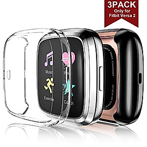 Maledan Screen Protector Case Compatible with Fitbit Versa 2 Smartwatch, 3 Pack Full Protective Case Cover Scratch Resistant Shock Absorbing for Versa 2 Accessories, Clear/Black/Silver