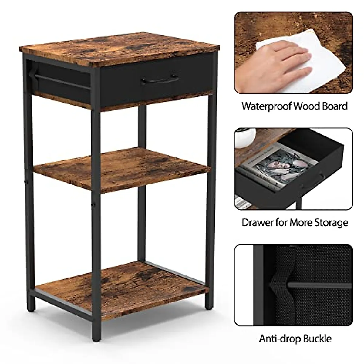 Industrial Printer Stand Rack 3 Tier Printer Table with Storage Printer Shelf with File Drawer Sofa Side Tables Nightstand for Bedroom Machine Stand Holder for Office and Home, Brown
