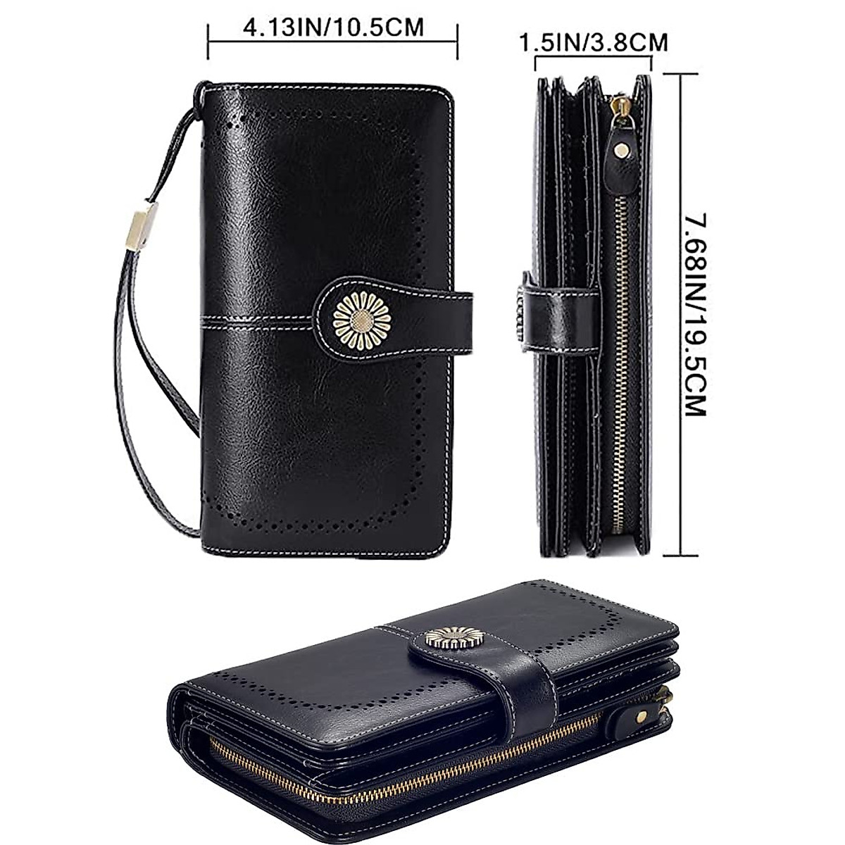 UMODE Large Capacity RFID Blocking Genuine Leather Wallets for Women with Wristlet Trifold Ladies Billfold with Zipper