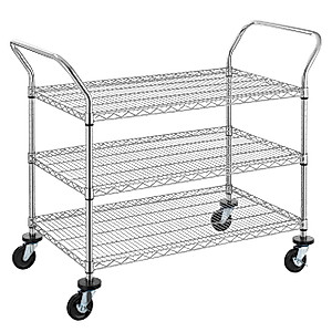 Finnhomy 3-Tier Commercial Grade Rolling Cart, Heavy Duty Utility Cart, Carts with Wheels and Handles, Kitchen Cart on Wheels, Metal Serving Cart with 600 lbs Capacity, Shelf Size 24" D x 40" W, NSF