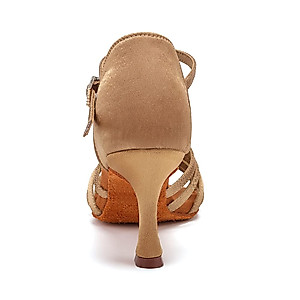 HIPPOSEUS Women's Latin Dance Shoes Light Tan Satin T-strap Ladies Ballroom Salsa Dance Practice Performance Shoes Heel 3inches,Model 217, 8.5 B(M) US