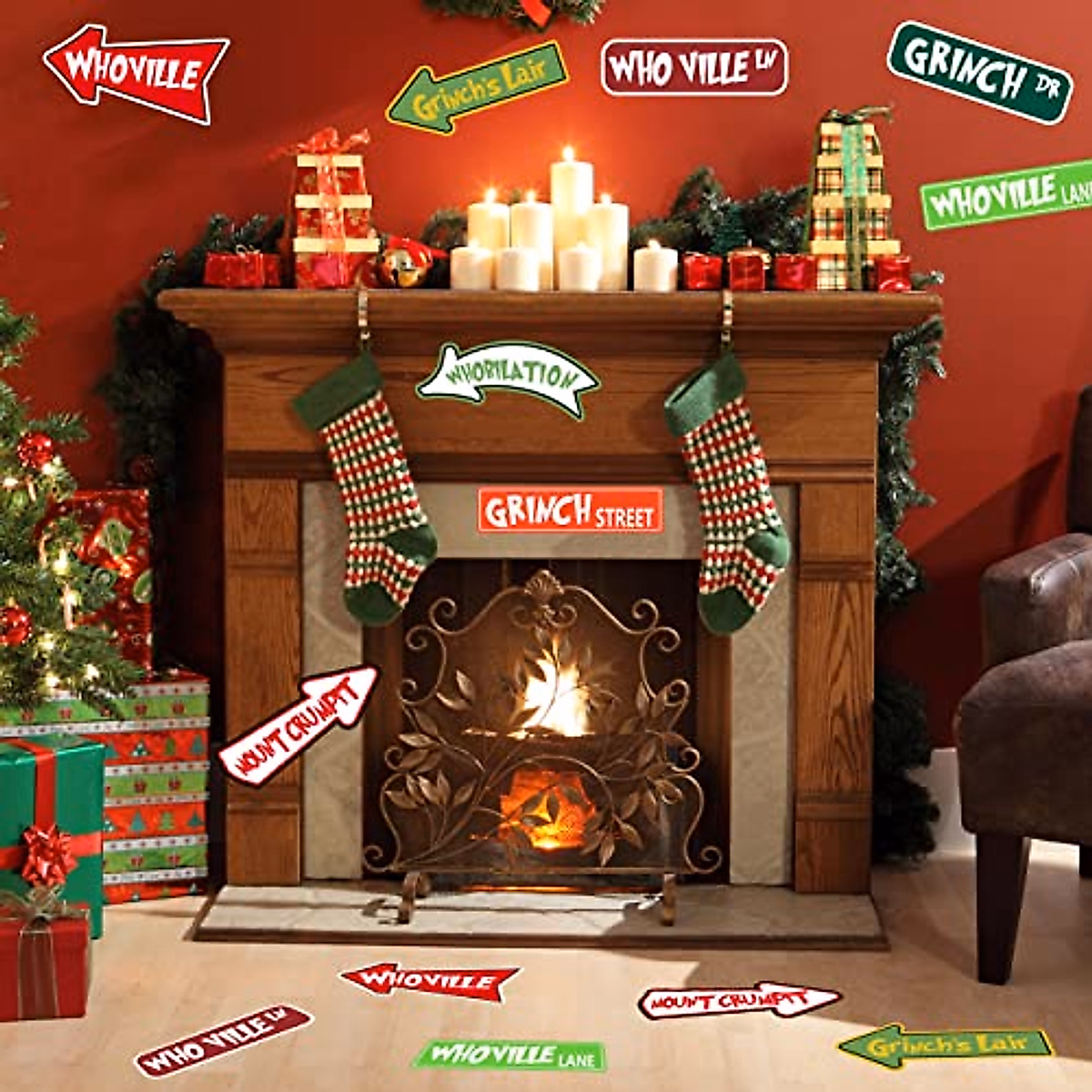 Grinch Christmas Decorations, 16PCS Welcome to Whoville Christmas Stickers Waterproof for Christmas Furry Grinch's Lair Themed Party Wall,Door,Windows, Floor