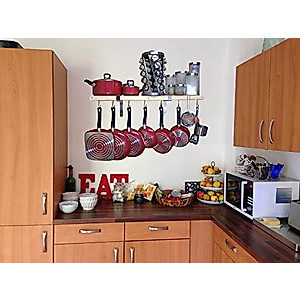 36" wooden wall mounted pot rack with 10 hooks. Wall rack. Pan rack. Hanging pot rack. Wood Pan Pot hanger. Hanging pot holder. Kitchen wall shelf. Kitchen pots pans organizer shelf 36x10 inch chrome