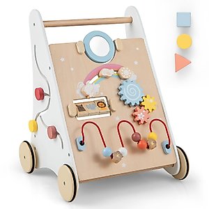 BABY JOY Wooden Baby Walker, Push and Pull Sit-to-Stand Learning Walker Activity Center, Toddler Montessori Educational Toy, Develops Motor Skills & Stimulates Creativity, Push Walker for Boys Girls