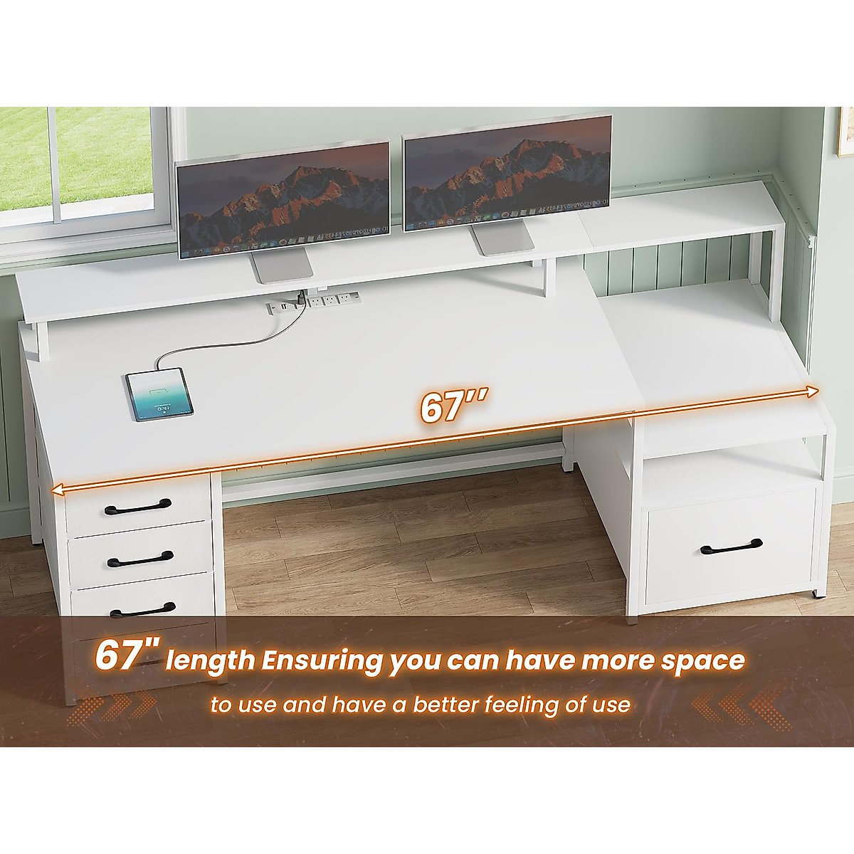 SEDETA White Computer Desk with 5 Drawer & Power Outlet, 66'' Home Office Desk with File Drawer, Storage Shelves, Printer Cabinet and Monitor Shelf, Gaming Desk with Led Lights