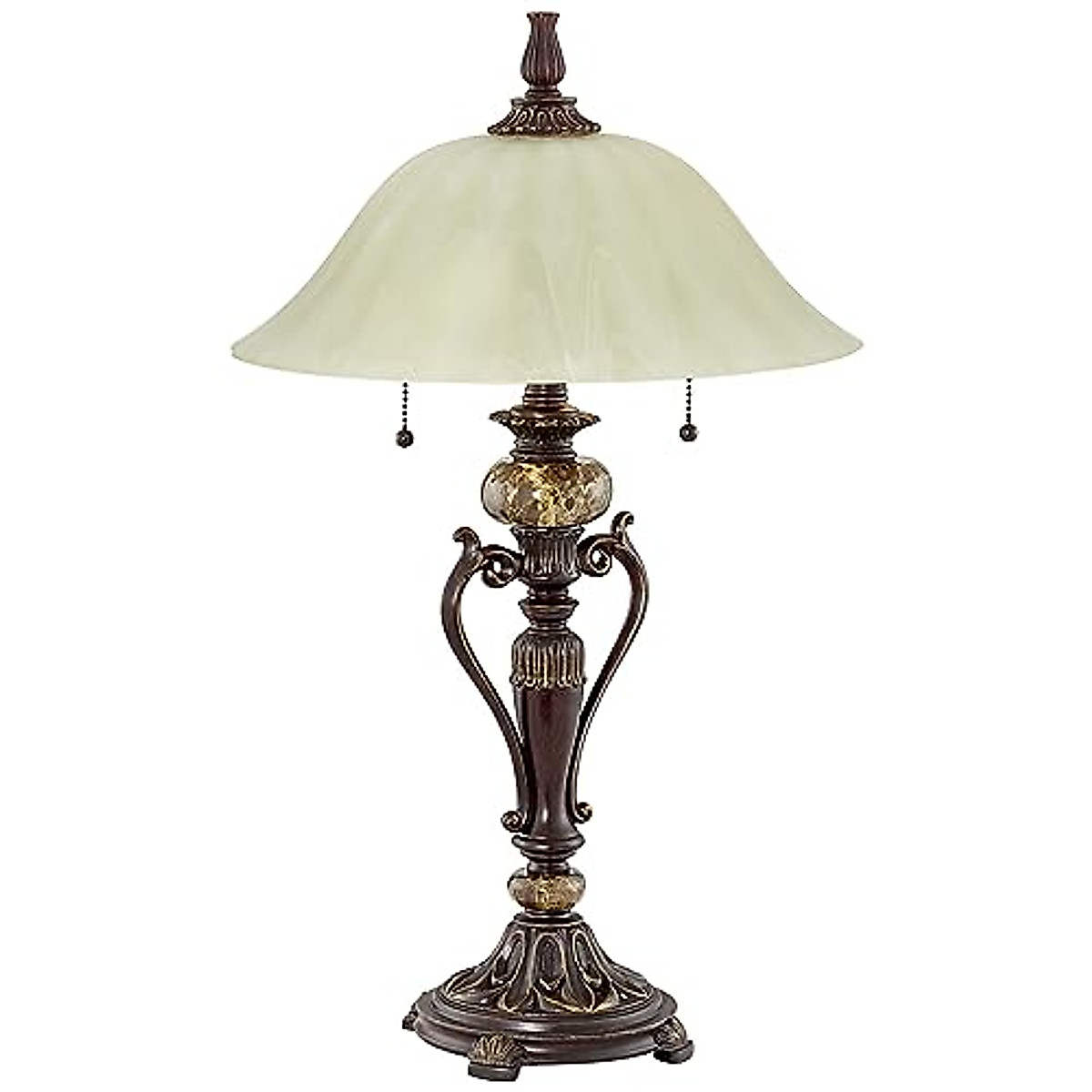 MACIUM Collection Glass Shade Table Lamp in Bronze, Bronze Finish, Alabaster Champagne Glass, with Twin Light Pulls for Easy Lighting Control