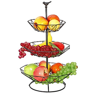 RAUVOLFIA Tabletop 3-Tier Countertop Fruit Basket Stand, Metal Fruit Bowl for Fruit, Vegetables, Bread, Comestics, Cupcakes, Snacks and Household Items
