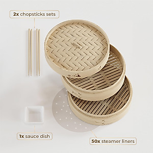 Prime Home Direct Bamboo Steamer Basket 12-Inch | 2-Tier Steamer for Cooking | 50 Liners, Chopsticks, Sauce Dish | Steaming Asian Food, Bao Buns, Chinese, Dim Sum, Dumpling, Rice, Vegetable Steam Pot