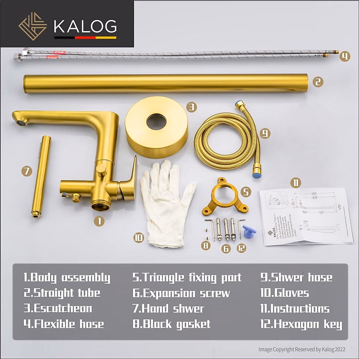 KALOG Single Handle Freestanding Tub Filler Floor Mount Bathtub Faucet with Handheld Shower (Brushed Gold-G)