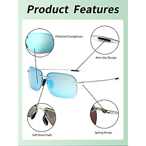 JIM HALO Rimless Polarized Sport Sunglasses Men Women, Spring Hinge Metal Frame for Running Fishing Cycling Driving Silver/Mirror Blue