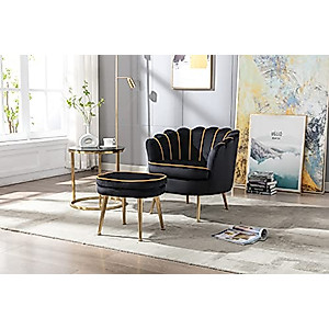 QHITTY Velvet Accent Chair with Ottoman, Upholstered Chair Modern Tufted Barrel Chair Ottoman Set for Living Room, Bedroom, Office (Black)