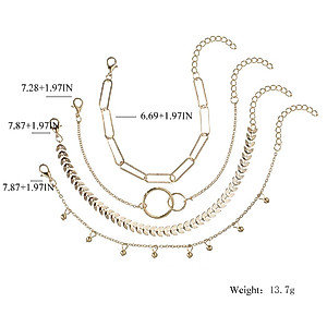 Sakytal Boho Stackable Circle Bracelet Set Gold Fish Bone Layered Beaded Paperclip Link Bracelet Chain Jewelry for Women(4PCS)