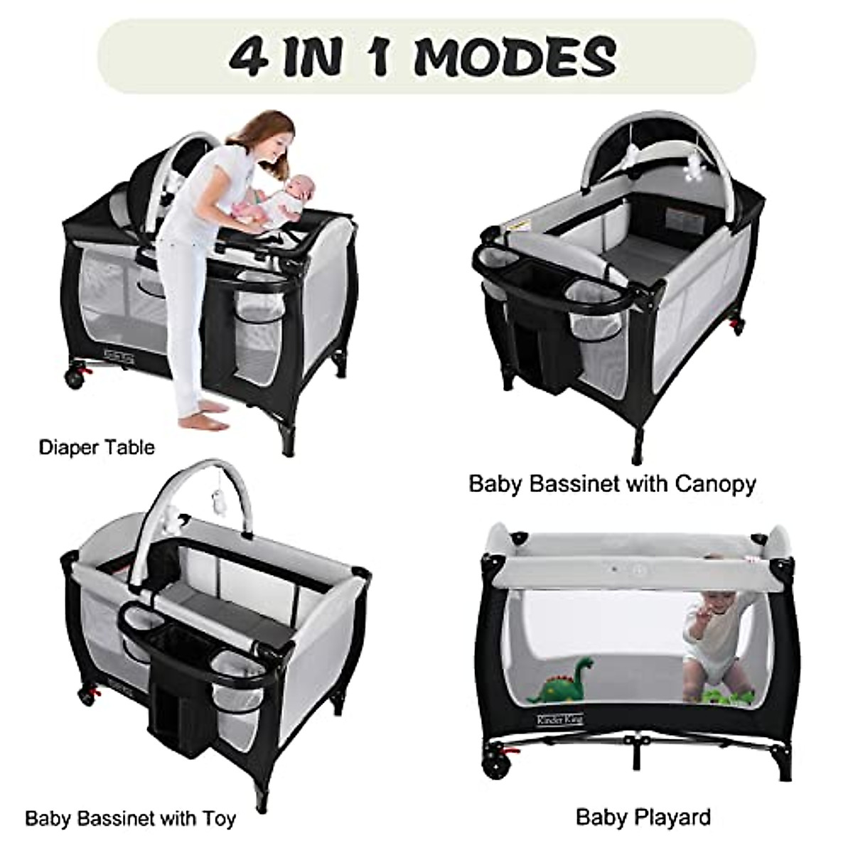 Kinder King 4 in 1 Portable Pack n Play, Baby Nursery Center Playard w/Bassinet, Large Playpen for Infant and Toddler, Newborn Changing Table, Adjustable Canopy, Storage Basket, Travel Bag, Black