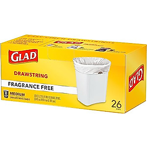 Glad Medium Drawstring Trash Bags, 8 Gallon, White, Fragrance Free, 26 Count, Pack May Vary