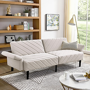 OUYESSIR 78 inch Velvet Futon Sofa Bed, Small Couch, Convertible Futon Sleeper Sofa with Folding Armrests, Modern Loveseat Couch for Bedroom, Living Room (Beige)