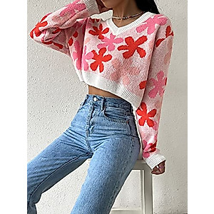 Floerns Women's Casual Rib Knit Long Sleeve V Neck Floral Pattern Drop Shoulder Crop Sweater Top Pink S