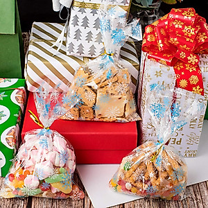 Whaline 100 Pcs Christmas Cellophane Bags with 100 Gold Twist Ties, Xmas Clear Candy Cookie Treat Bags for Christmas Party Supplies (Snowflake)