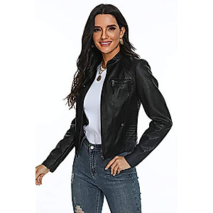 Fahsyee Women's Faux Leather Jacket, Moto Biker Antique-finished Slim Vegan Motorcycle Zipper Coat Outwear, Black, Size XXL
