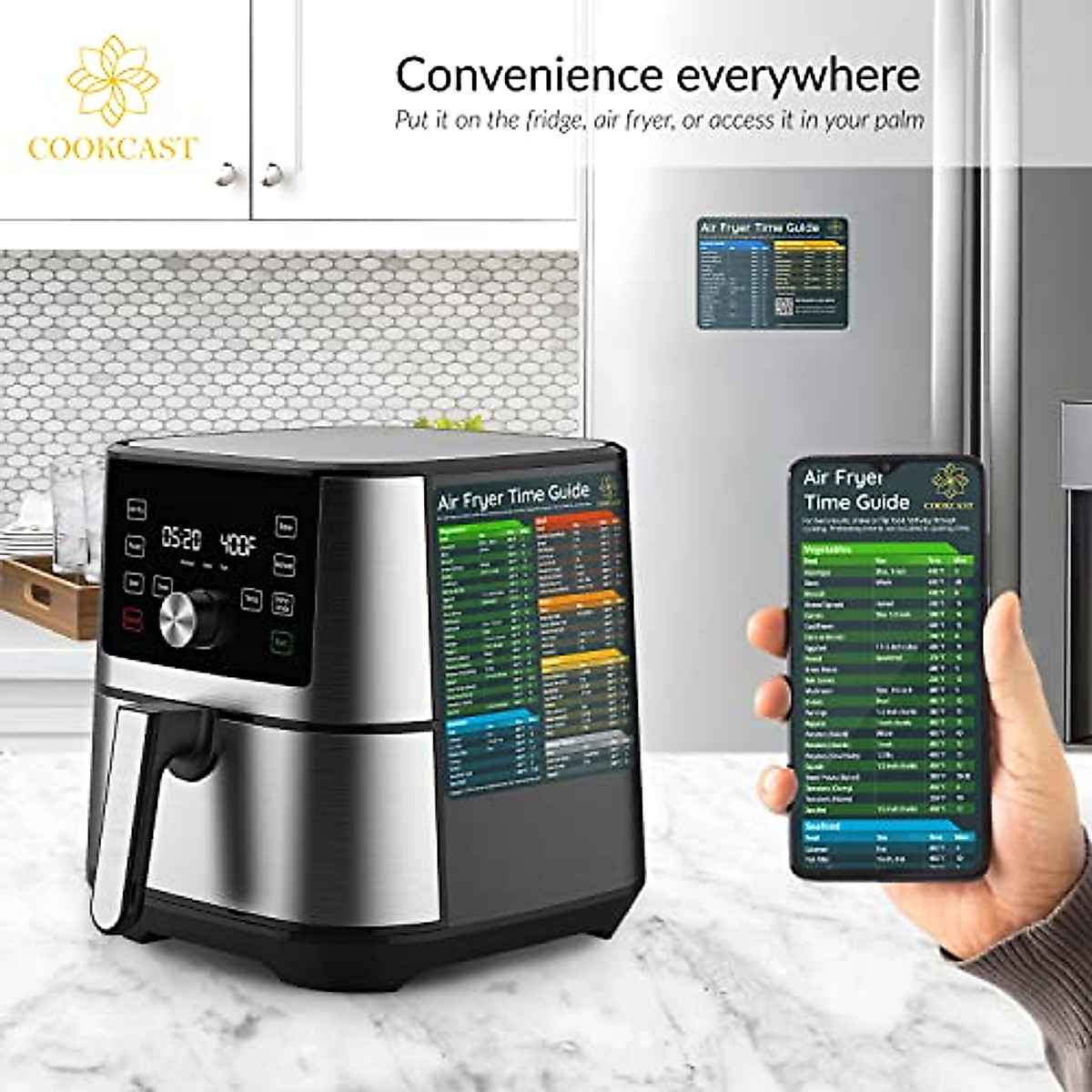 cookcast Air Fryer Magnetic Cheat Sheet/Premium Card Stock - Bonus Mobile Version of Sheet Accessories to Help with Cook Times Accessory Magnet Reference Guide for Cooking