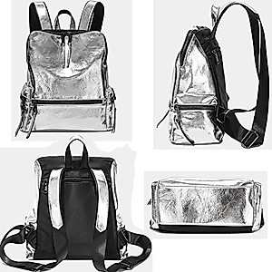 Downupdown Stylish Backpacks for Women Shiny Soft Leather Backpack with Top Handle Zipper Purse Shoulder Bags Travel Daypack Casual Waterproof Travel Bags-Sliver