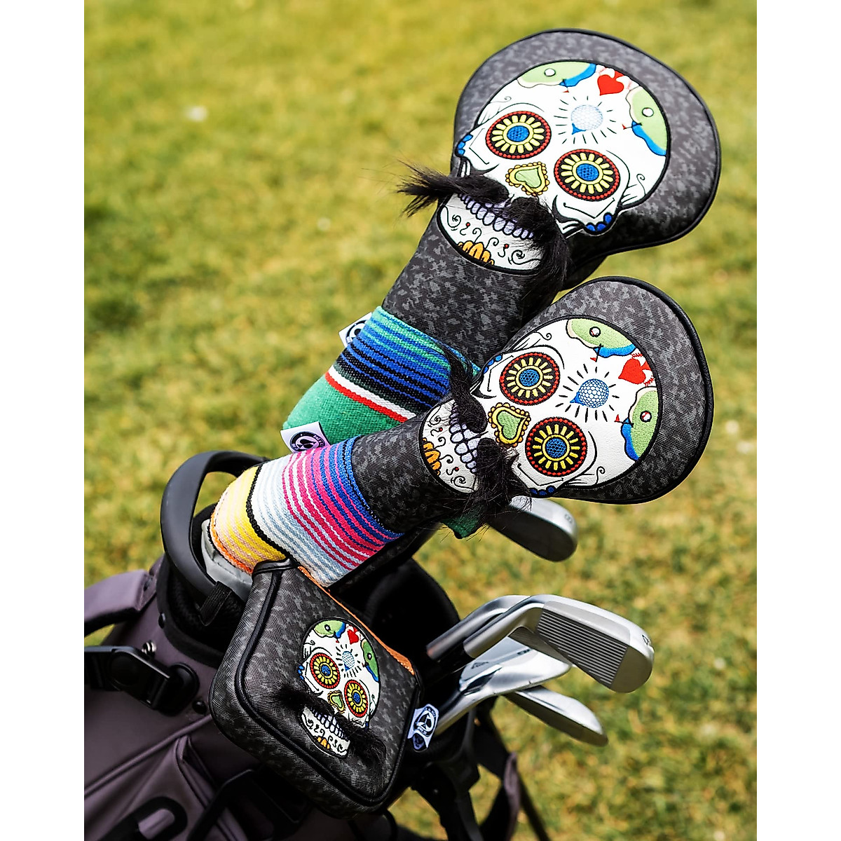 Pins & Aces LE Sugar Skull Mustache Fairway Wood Head Cover - Premium, Hand-Made Leather 3W or 5W Headcover - Funny, Tour Quality Golf Club Cover - Style and Customize Your Golf Bag Grey Camo