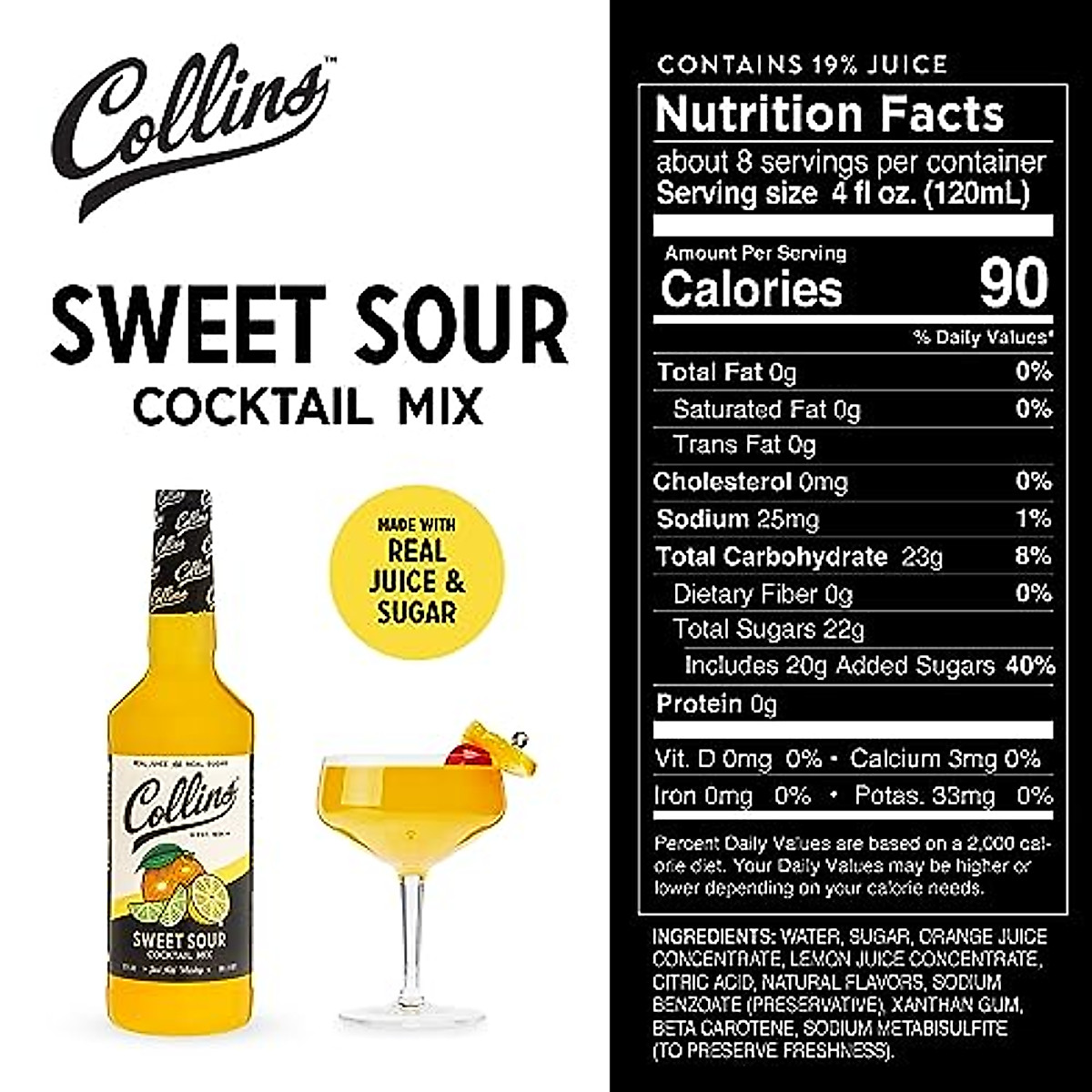 Collins Sweet and Sour Mix Made With Real Orange and Lemon Juice Classic Cocktail Recipe Ingredient, Home Bar Accessories Cocktail Mixers 32 fl oz