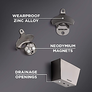 MAGCAP Magnetic Wall Mounted Bar - Style Bottle Opener and Bottle Cap Catcher Set for Beer and Sodas - Stylish, Easy to Install and Effortless to Use - Collects the Caps so You Don't Have to!