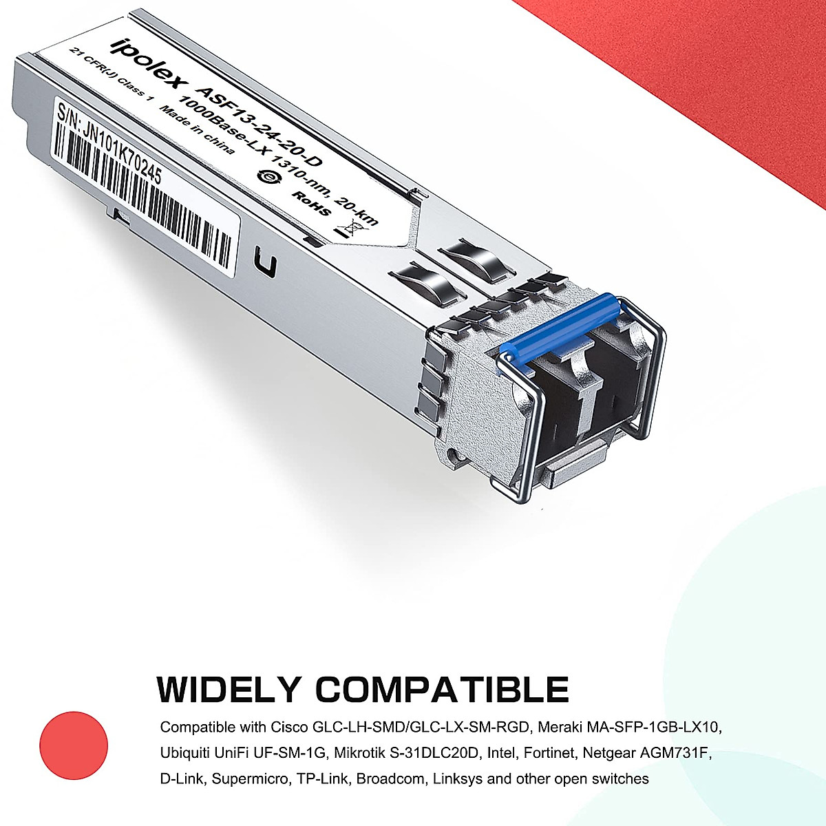1000Base-LX/LH SFP Transceiver, 1.25G SFP LC Fiber Module, Gigabit Single Mode Mini GBIC, 1310nm SMF, up to 20km, for Cisco GLC-LH-SMD, Ubiquiti UF-SM-1G, Meraki, TP-Link TL-SM311LS and More