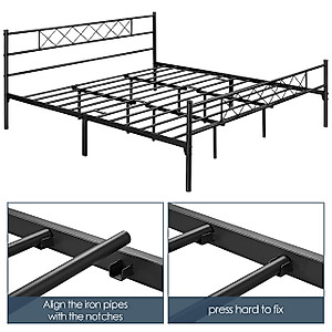 Yaheetech Metal Platform King Bed Frame Mattress Foundation with Headboard and Footboard No Box Spring Needed Under Bed Storage Steel Slats Black